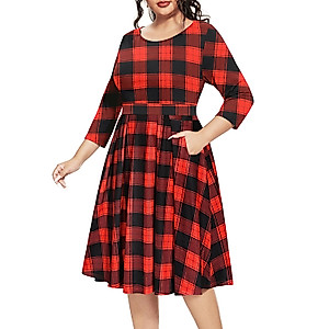 Plaid Dresses Women Plus Size Christmas Buffalo Black Red Holiday Xmas Party Fit Flare Pockets Long Sleeve Midi Dress