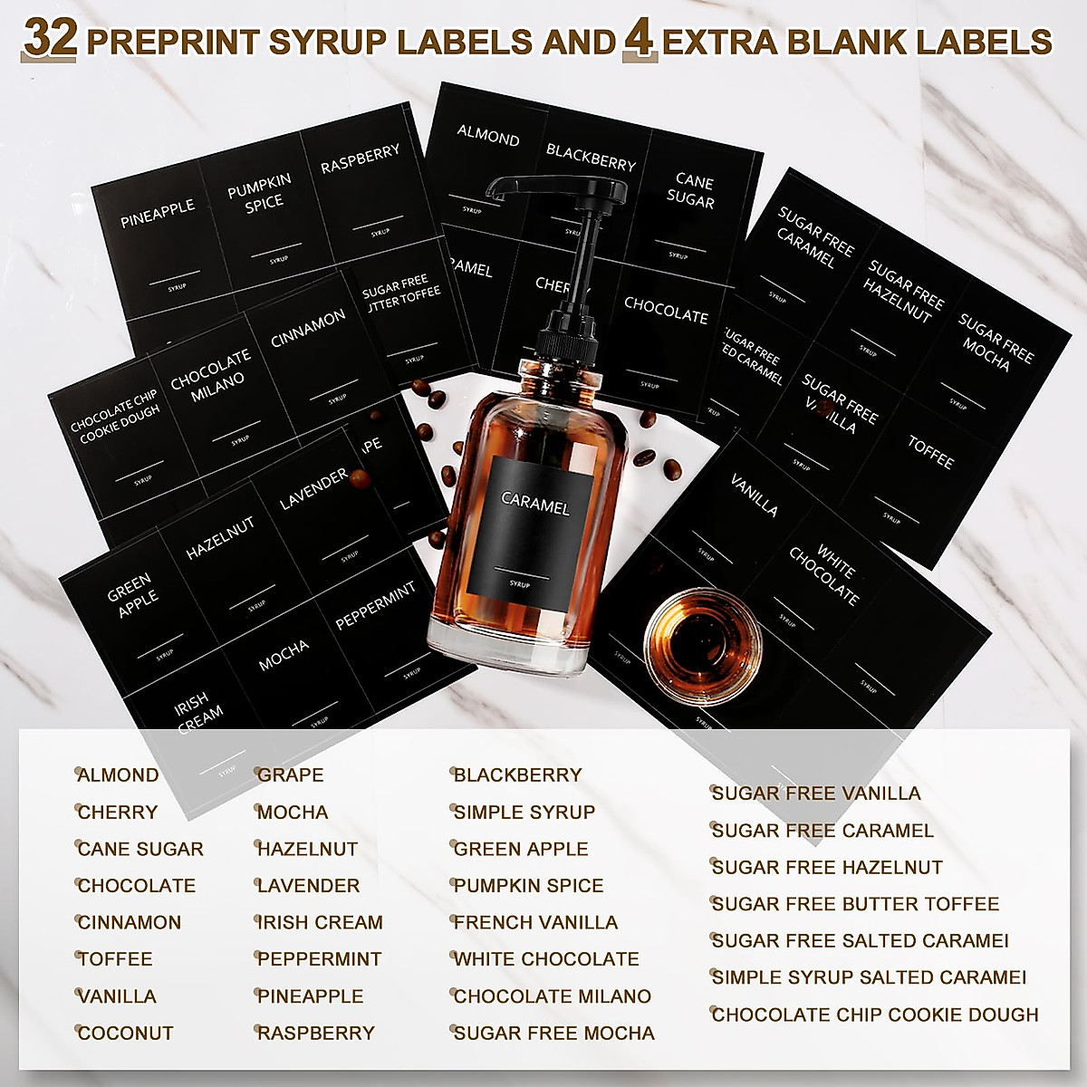 Coffee Syrup Dispenser for Coffee Bar, Glass Syrup Dispenser with 1/4oz Large Capacity Pump, Coffee Syrup Pump Dispenser Bottle for Coffee Station, Coffee Bar Organizer, Black,16oz