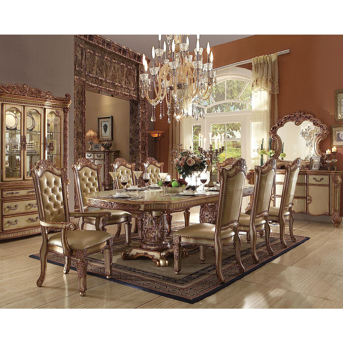 Generic 10PS Formal Dining Room Set Kitchen Furniture Include 1 Dining Table, 6 Side Chairs, 2 Arm Chairs and 1 Buffet & Hutch, 8-Person Solid Wood Extendable Dining Set (Gold Patina), DAE0200