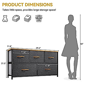 DWVO Dresser TV Stand, Fabric Dresser with 5 Drawers, Dresser for Bedroom, Wide Dresser, Storage Tower, Chest of Drawers for Closet, Living Room, Hallway, Nursery, Dull Grey