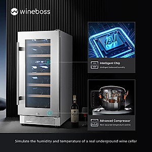 WINEBOSS 15" Wine Cooler Refrigerator, 28 Bottle Seamless Stainless Steel Built-in Freestanding Wine Fridge Double-Layer Tempered Glass Door with Lock, Under Counter Wine Cellar