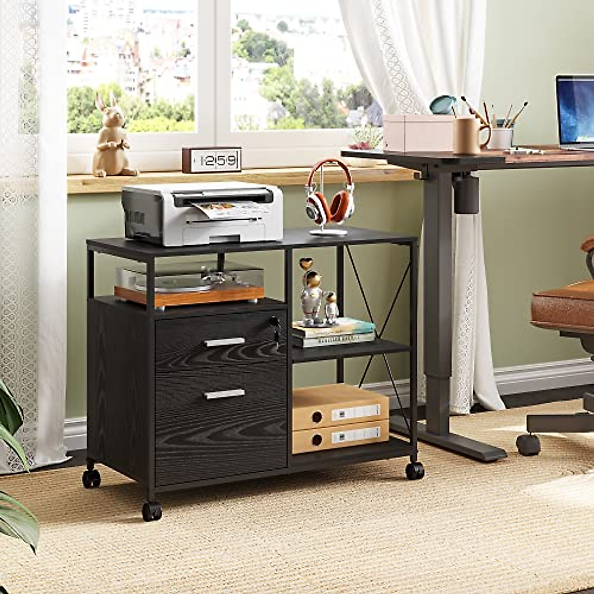 DEVAISE 2 Drawer Lateral File Cabinet with Lock, Mobile Printer Stand with Open Storage Shelf, Wood Filing Cabinet fits A4 or Letter Size for Home Office, Black