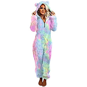 Aniywn Adult Fleece Onesie Pajamas for Women Tie Dye Print Costume Jumpsuit Romper Hoodie Jumpsuit Pajamas Homewear Pink