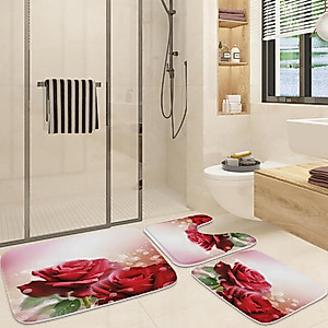 lczVEN Red Rose Bath Rugs, Imitation Cashmere Romantic Floral Glittering Bubble Bath Mat, Ultra Soft Non-Slip Bath Mats for Bathroom, 3Pcs Bathroom Rug Set