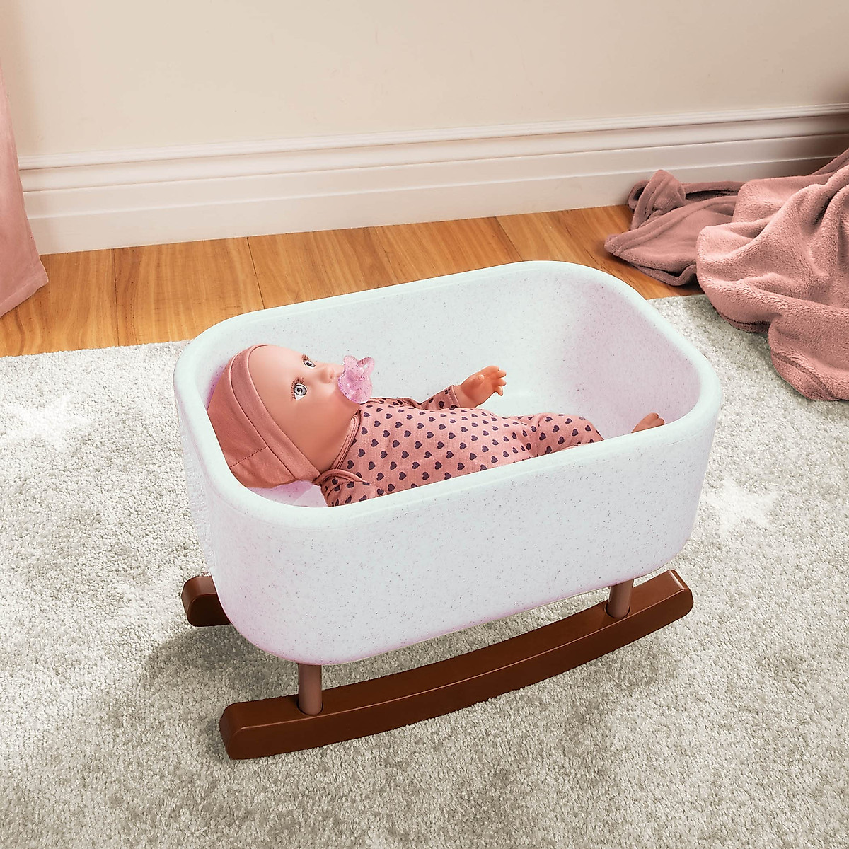 Battat Babi 14-inch Baby Girl Doll & Bassinet – Medium-Light Skin Tone & Gray Eyes – Removable Heart Polka Dot Pajama with Pacifier – Rocking Cradle Pretend-Play–Toys for Kids Ages 3 and Up