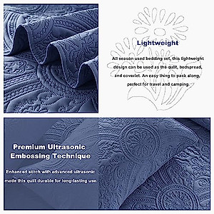 GRT Quilt Set King Size - Navy Lightweight Summer Quilt Bedding Set, Ultra-Soft Summer Microfiber Bedspread, Wrinkle Modern Style Coverlet for All Season - 3 Piece (1 Quilt, 2 Pillow Shams)
