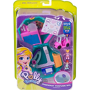 Polly Pocket Playset, Travel Toy with 2 Micro Dolls, Toy Car & Surprise Accessories, Pamperin Perfume Spa Compact