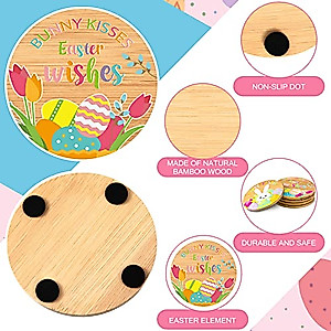 6 Pieces Happy Easter Drink Coasters Set Bamboo Wood Drink Coasters Funny Cartoon Round Easter Theme Coasters Eggs Bunny Party Decorations for Kitchen Cup Drink Coffee Mug Bar Easter Decor