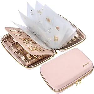 ProCase Large Travel Jewelry Organizer Case, Jewellery Home Storage Book Ring Binder with Clear Pockets for Presentation, Zippered Pouch Bag for Earrings Necklaces Bracelets -Pink