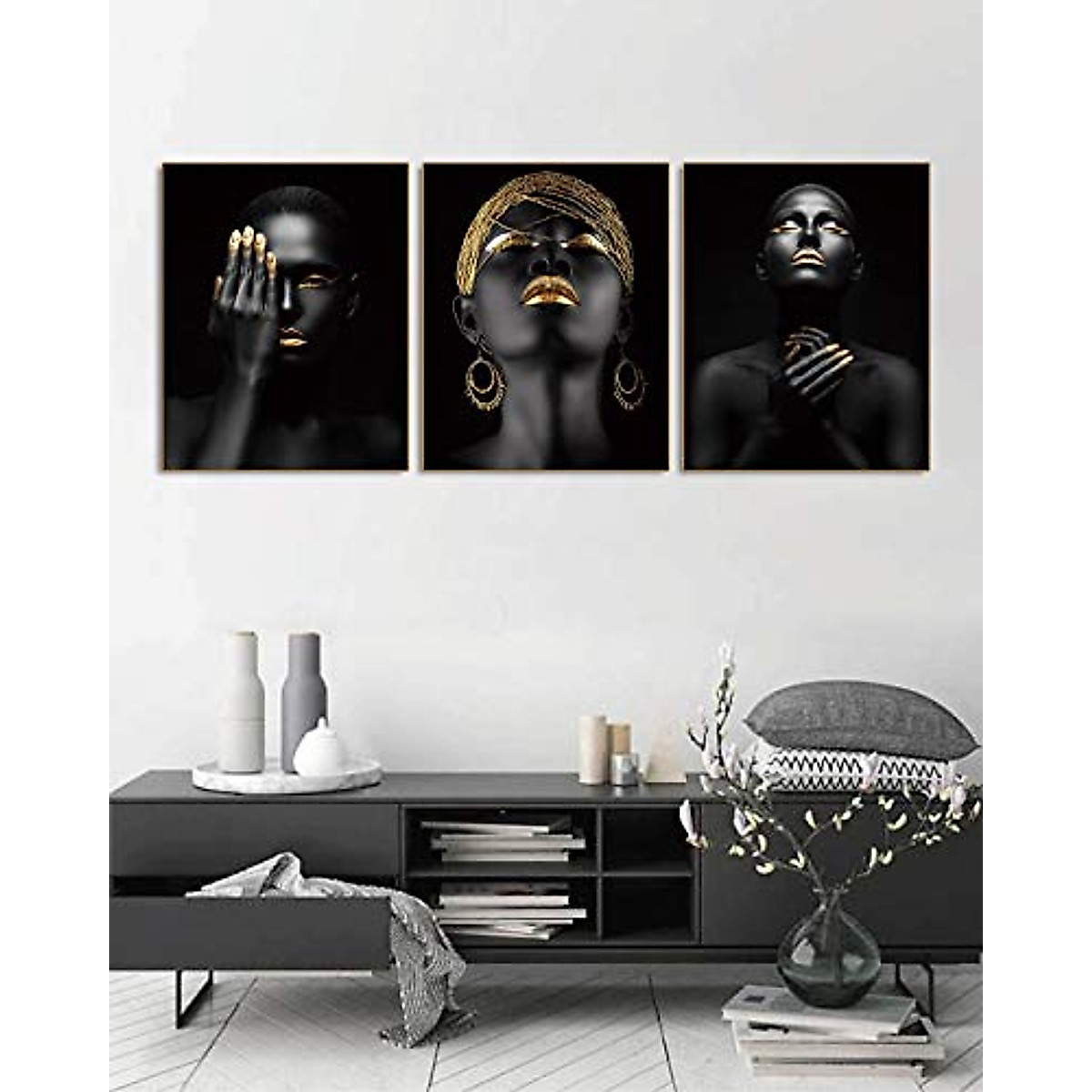African American Wall Art Painting Black Woman Fashion Pop Gold Earrings Black Set of 3 (8”X10” Canvas Picture) Queen Portrait of Black Woman Room Poster Art Painting Bedroom for Home Decor Gift