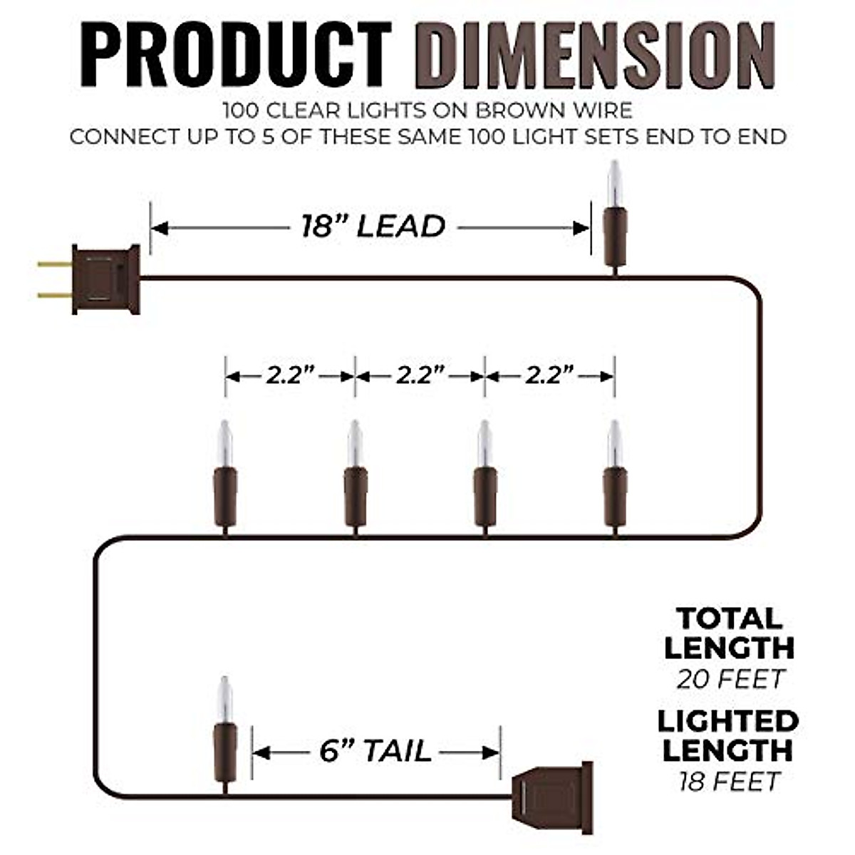 612 Vermont 100 Clear Mini Christmas String Lights on Brown Wire Cord, UL Approved for Indoor/Outdoor Use, 18 Foot of Lighted Length, 20 Foot of Total Length