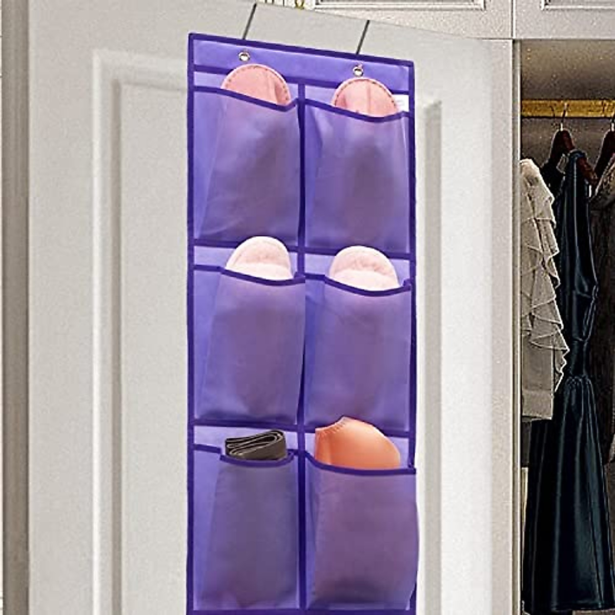 ANIZER Over The Narrow Door Shoe Organizer Hanging 6 Large Fabric Pockets Back Door Shoe Holder for Closet with 2 Hooks (PURPLE)