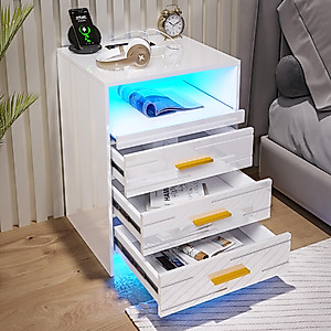 HNEBC RGB LED Nightstand with Wireless Charging Station, Smart Night Stand with 3 Drawers and Sliding Tray, Modern Bedside Table for Bedroom Furniture, High Gloss End Sofa Tables (White)
