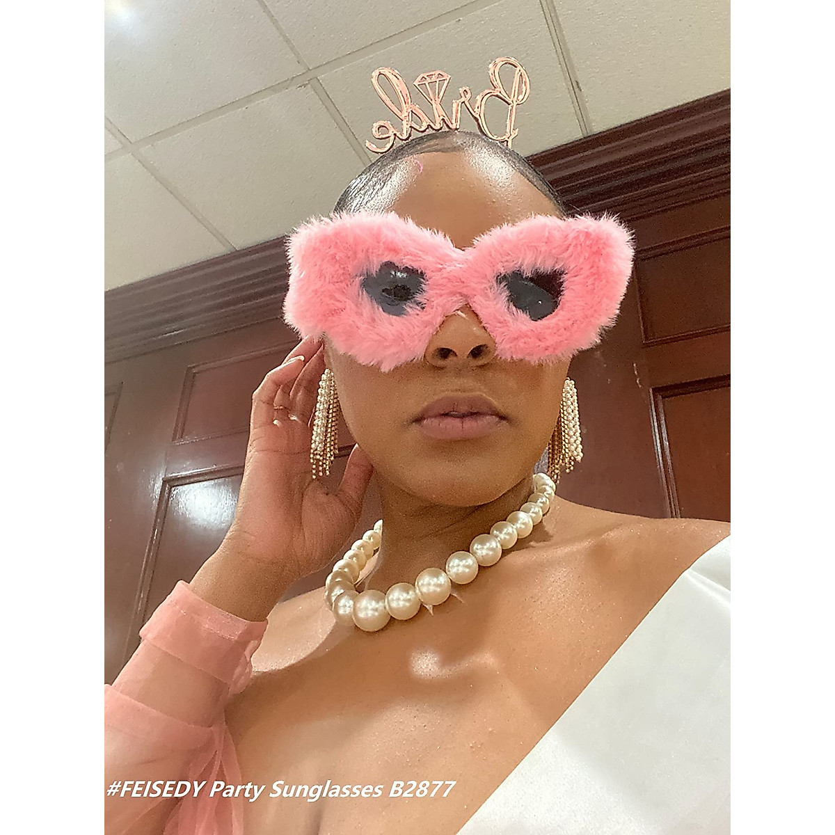 FEISEDY Women Plush Fuzzy Cat Eye Sunglasses Punk Soft Velvet Shades Ladies Handmade Party Masquerade Eyewear B2877