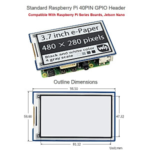 waveshare 3.7inch E-Ink Display HAT for Raspberry Pi 4B/3B+/3B/2B/Zero/Zero W/WH,Jetson Nano 480×280 Pixels Black White eink Display e-Paper HAT,4 Grey Scales,SPI Interface