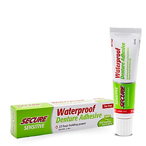 Secure Sensitive Gums Waterproof Denture Adhesive Zinc Free with Aloe Vera & Myrrh - Extra Strong 12 Hour Hold - 1.4 oz