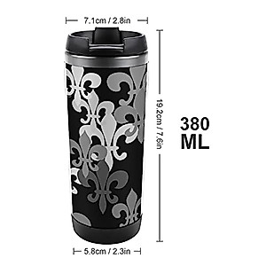 Seamless Black Grey Fleur De Lis Flowers on Black Dark Stainless Steel Water Bottle, Double Walled with Handle Cup Bottle 13 Oz, Leak-Proof Hot Cold Insulated Travel Mug