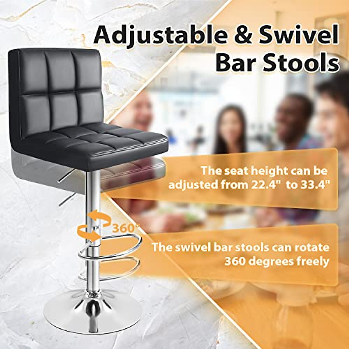 GUNJI Bar Stools Modern PU Leather Adjustable Barstools with Back Armless Hydraulic Kitchen Counter Height Swivel Bar Stool Set of 2 (Black)