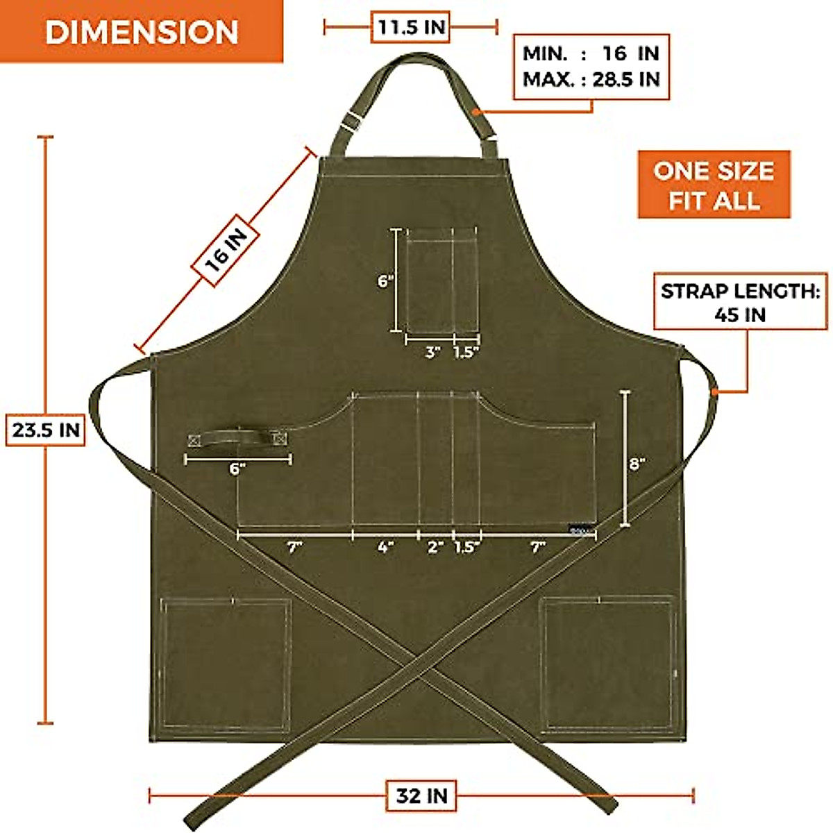 opux Chef Apron for Men, Kitchen Apron with Pockets for Women, Large Unisex Canvas Apron for Cooking Grilling BBQ Baking, Heavy Duty Apron for Work, Olive Green