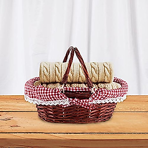 MAHIONG 2 PCS Brown Wicker Woven Gift Easter Basket, Hand Woven Empty Willow Woven Basket with Double Folding Handles and Washable Gingham Liner, Wicker Picnic Basket for Egg Candy Fruit Toy Storage