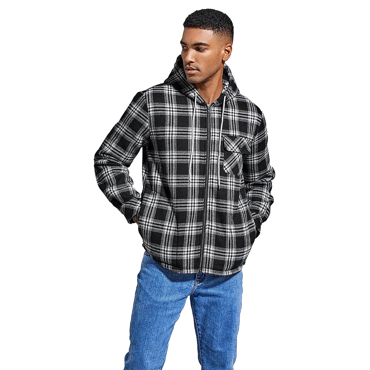 Elesuit Men's Flannel Shirt Jacket Plaid Full Zip Hoodie Fleece Lightweight Jacket Warm Winter Casual Thick Coats Black Large