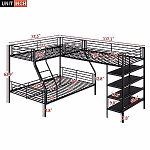 Cotoala L-Shaped Metal Twin Over Full Bunk Bed and Twin Size Loft Bed with 4 Shelves, Steel Bedroom Bedframe for Bedroom, Dorm, Adults, No Spring Box Required
