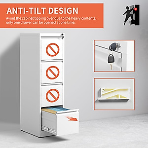 IKIMI 4 Drawer File Cabinet,Metal Filing Cabinets with Lock,White Vertical File Cabinet for Home Office,Heavy Duty Metal Storage Cabinet for A4/Letter/Legal Size File,Assembly Required