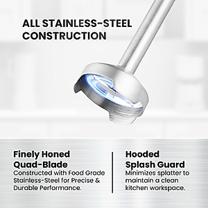 Elite Gourmet EHB1062 Variable Step-less Speed Immersion Hand Blender 500 Watts with Turbo, Stainless Steel Blades, Pressure Controlled Stick Mixer, Sauces, Soup, Smoothies, Baby Food, Stainless Steel