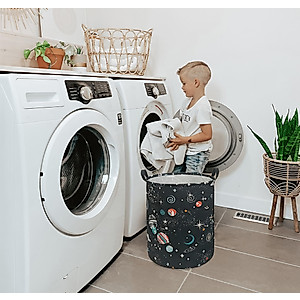 DUYIY Round Black Planet Laundry Hamper Storage Basket Organizer Hamper Storage Bins for Clothes Toys Box Nursery Hamper Gift Basket with Handles