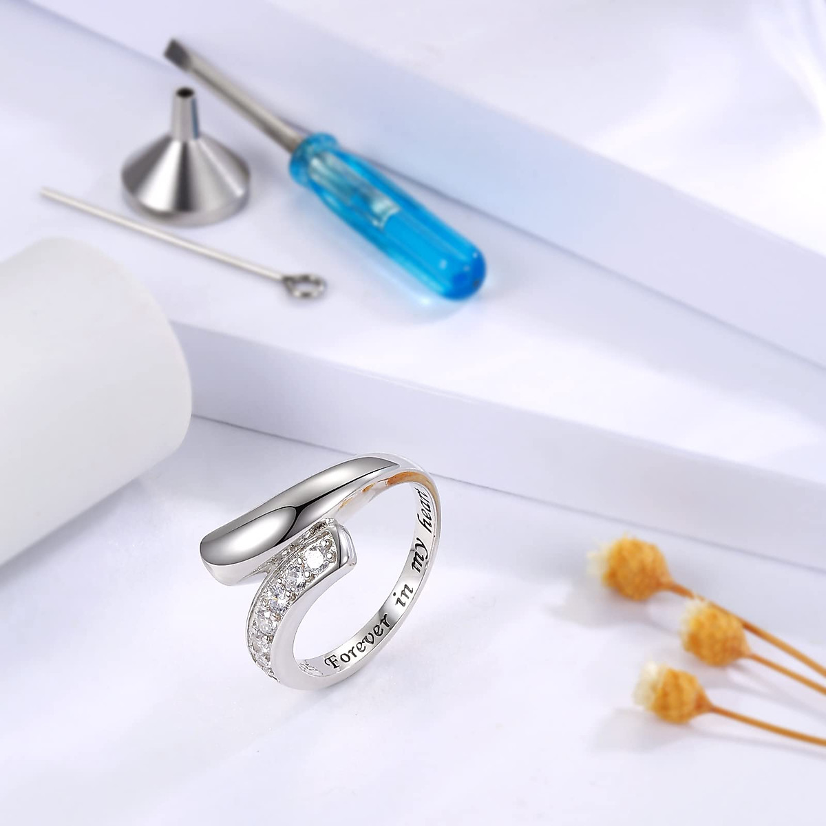 Sterling Silver Urn Ring for Ashes: Women Cubic Zirconia Ash Ring Memorial Cremation Jewelry Bereavement Keepsakes Gift for Loss of a Loved One (Size 6)