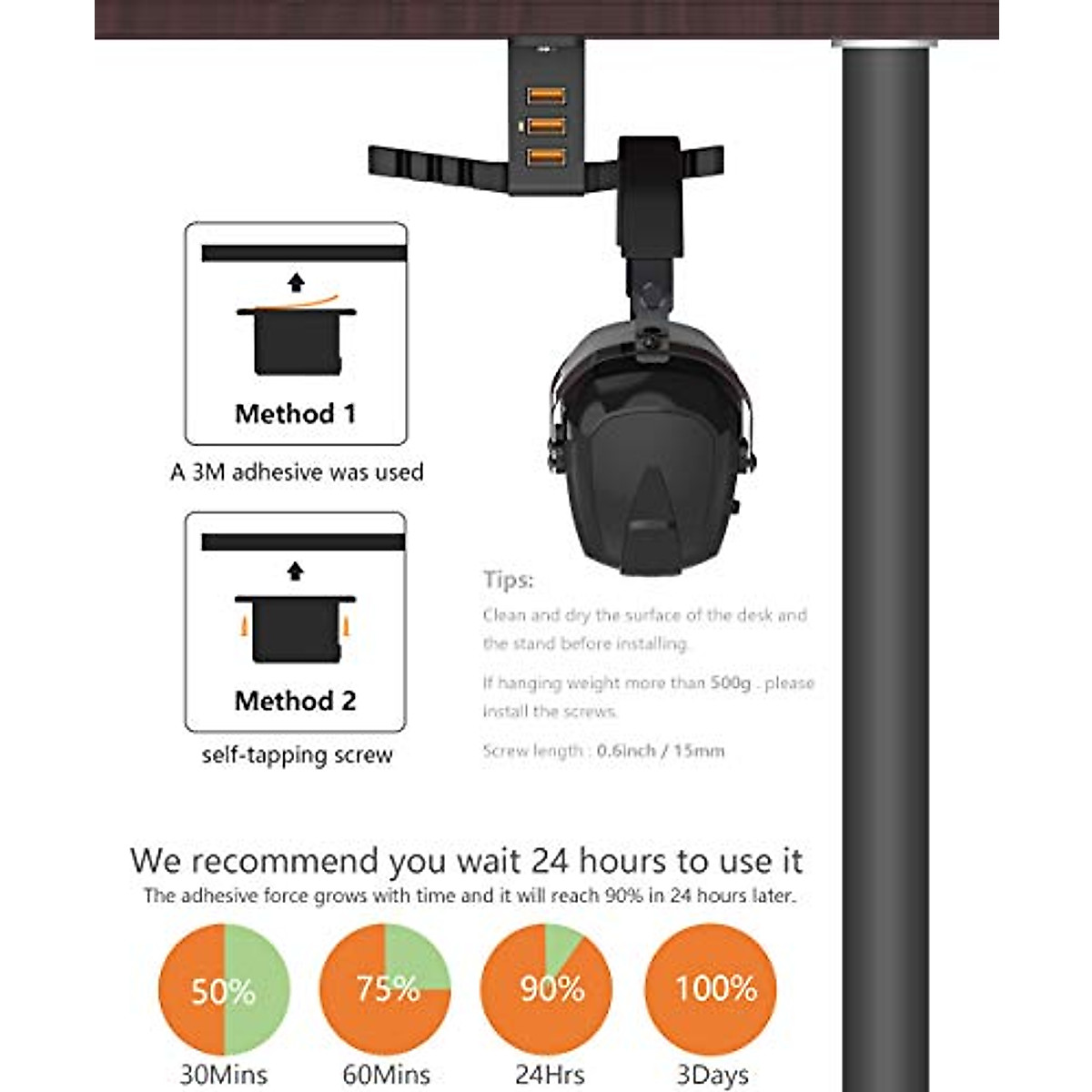 cozoo Headphone Stand with USB Charger Under Desk Headset Holder Mount with 3 Port USB Charging Station and iWatch Stand Smart Watch Charging Dock Dual Earphone Hanger Hook,UL Tested