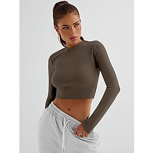 Trendy Queen Womens Long Sleeve Crop Tops Basic Ribbed Slim Fitted Shirts Casual Fall Fashion Y2k Teen Girl Clothes Coffee XL
