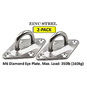 Branded Boards Heavy Duty M6 Ceiling Hook Diamond Pad Eye Plate, 304 Stainless Steel and Black Zinc Galvanized Steel Corrosion Resistant, 2, 4 & 8 Packs (2-Pack-Zinc-M6)