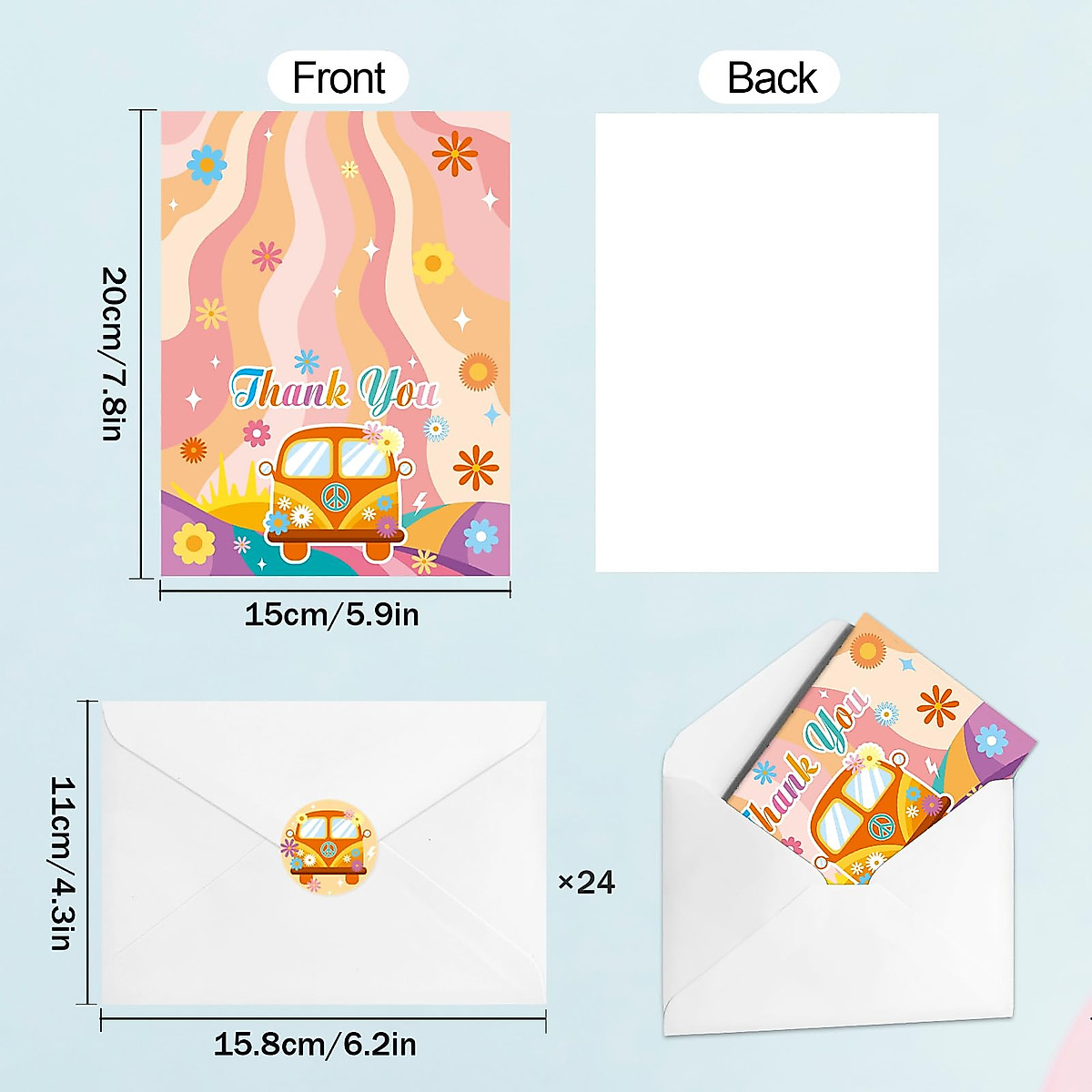 Qpout 24 Pack Groovy Retro Hippie Thank You Cards Boho Rainbow Flower Greeting Cards with White Envelops and Matching Sealing Stickers for Thanksgiving Birthday Thank You Theme Party Supplies