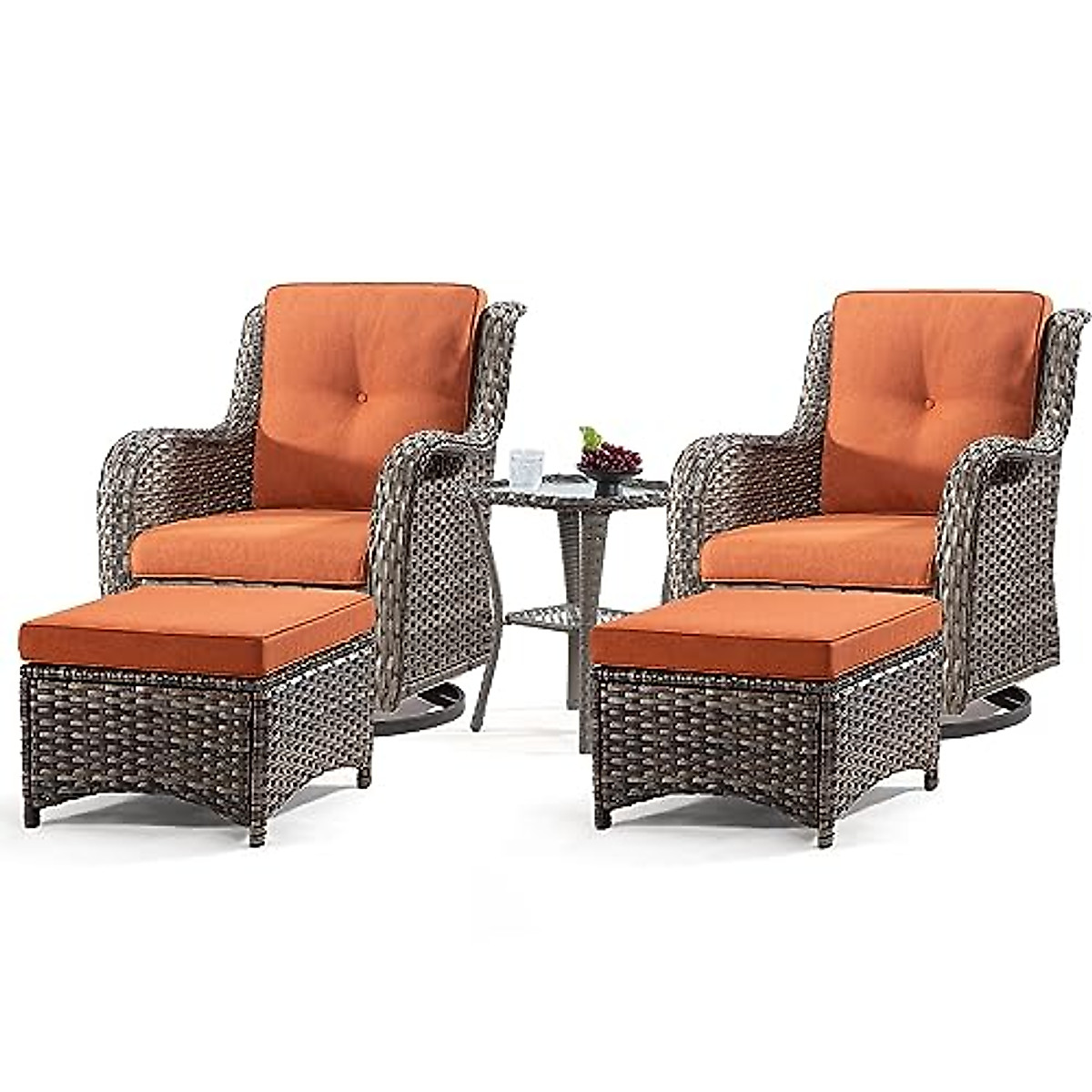 Joyside 5 Piece Outdoor Patio Furniture Set Wicker Conversation Bistro Set Swivel Rocking Chairs with Side Table and Ottomans for Garden, Backyard, Porch, Deck(Mixed Grey/Green)