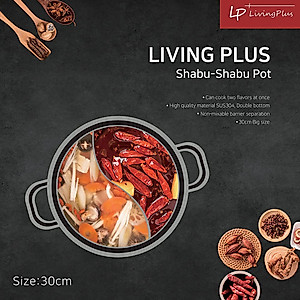 LP Living Plus Dual Sided Stainless Steel Shabu Shabu Hot Pot with Glass Lid, 30cm