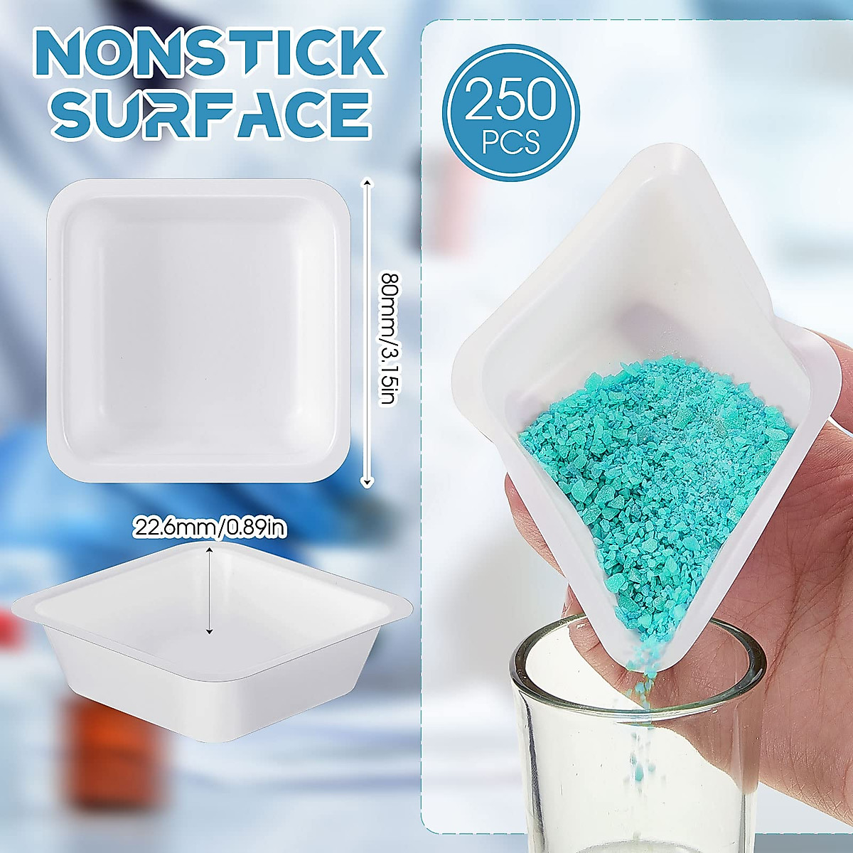 Sherr 250 Pack Weigh Boats Medium 100ml Square Disposable Plastic Trays for Scale Anti Static Plastic Pan Lab Weighing Dishes 3.15 x 3.15 Inch Easy Pour Dish Scale Tray for Powder and Liquid Weight