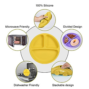Cibeat Toddler Plates 3 Pack, 100% Silicone Suction Plates for Babies and Toddlers, Microwave and Dishwasher Safe, BPA Free, Divided Design, Pink & Yellow & Purple
