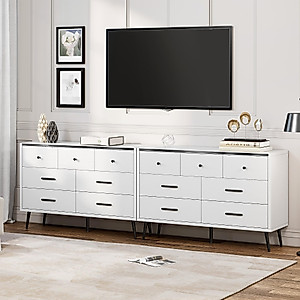 DWVO White 7 Drawer Dresser, Wood Storage Dressers & Chests of Drawers with Black Metal Handle ＆ Anti-Tipping Device, Modern Double Dresser Storage Cabinet Living Room Hallway, Entryway