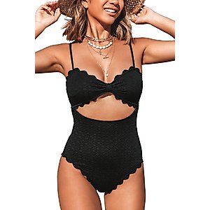 CUPSHE Women's One Piece Swimsuit Sexy Black Cutout Scallop Trim Bathing Suit, L
