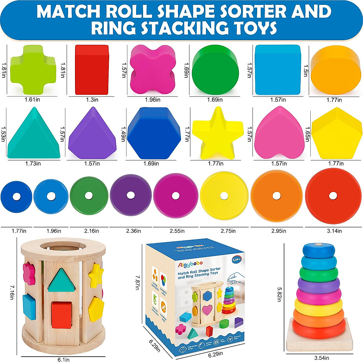 Aigybobo Learning Toys for 1,2,3 Year Old Toddlers, Montessori Toys, Wooden Educational Toys for Baby Boys and Girls 12-18 Months, Stacker Toy, Kids Birthday