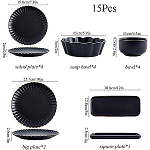 GagalU Dinner SetsKitchen Tableware Set,Ceramic Dinnerware Set, 15 Pcs Matte Black Retro Plates and Bowls Set- Irregular Edge Dinner Sets, Service for 4
