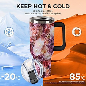 Colorful Yellow Red Rose Flower 40 Oz Stainless Steel Cup Travel Tumbler with Handle and Straw Lightweight Coffee Mug for Home Office