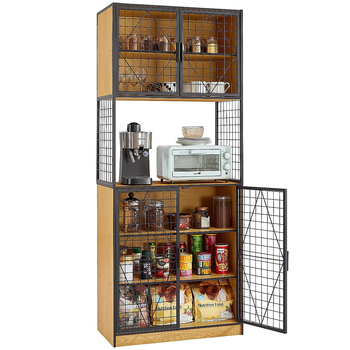 VECELO 72in Tall Kitchen Pantry Cabinet with Doors and Shelves, Large Freestanding Storage Cupboard with Countertop Hutch for, Oak