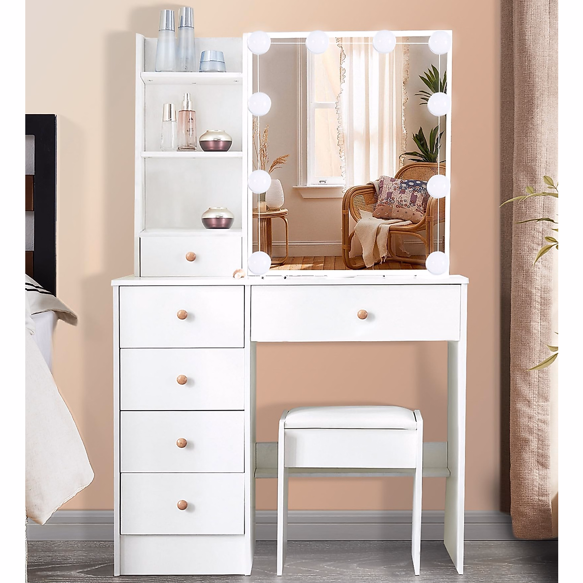 Makeup Vanity Dressing Table with Drawers and Lighted Mirror, White Vanity Set Dresser Desk and Cushioned Stool (US1905)