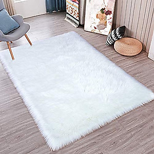 Andecor Soft Fluffy Faux Fur Bedroom Rugs 3 x 5 Feet Indoor Wool Sheepskin Area Rug for Girls Baby Living Room Chair Sofa Home Decor Floor Carpet, White