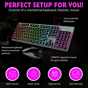 HP PC Gaming Keyboard and Mouse Combo, RGB Backlit Wired Gaming Mouse and Keyboard, Mouse pad,Gaming Headset, Gamer 4 in 1 Bundle for PC PS4 PS5 and Xbox