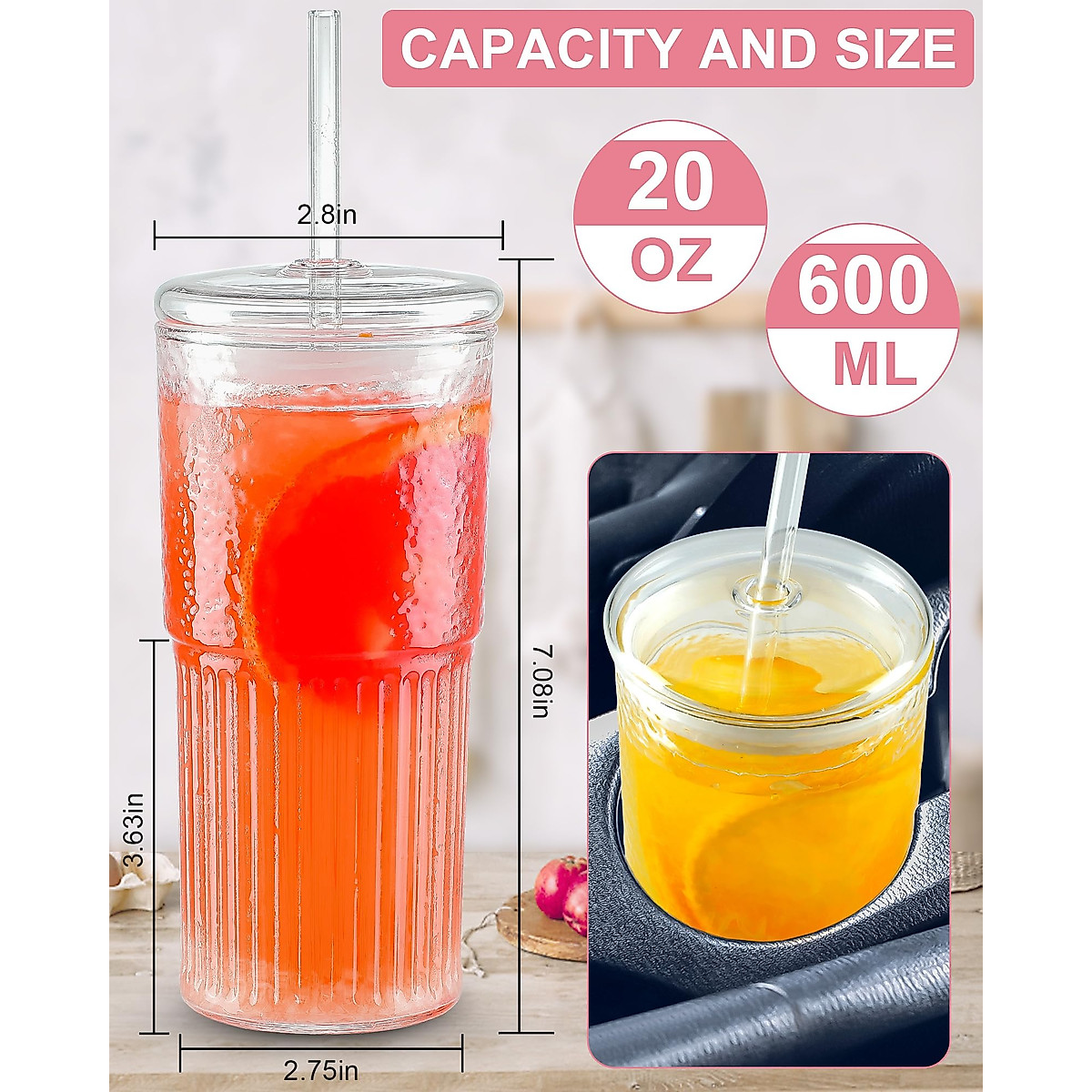 Glass Cups with Lids and Glass Straws, 20OZ Drinking Glasses 2Pcs, Glass Tumbler with Straw and Lid High Borosilicate Glass Tumbler Iced Coffee Cup Water Glass Cups