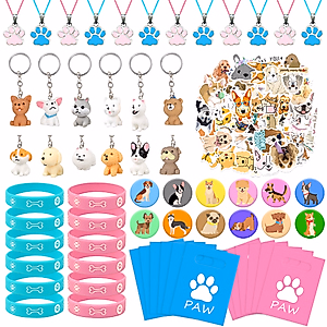 110 PCS Dog Party Favors Puppy Key Chain Necklace Silicone Wristbands Stickers Goodie Bags Button Badges For Birthday Party Favors Baby Shower Decorations Classroom Rewards Dog Theme Supplies