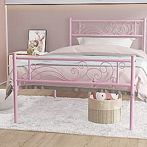 Weehom Twin Bed Frames Metal Platform Heavy Duty Steel Slat Under Bed Storage for Kids Pink